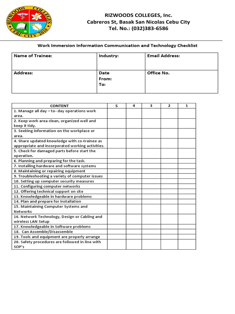 Work Immersion ICT Checklist | PDF