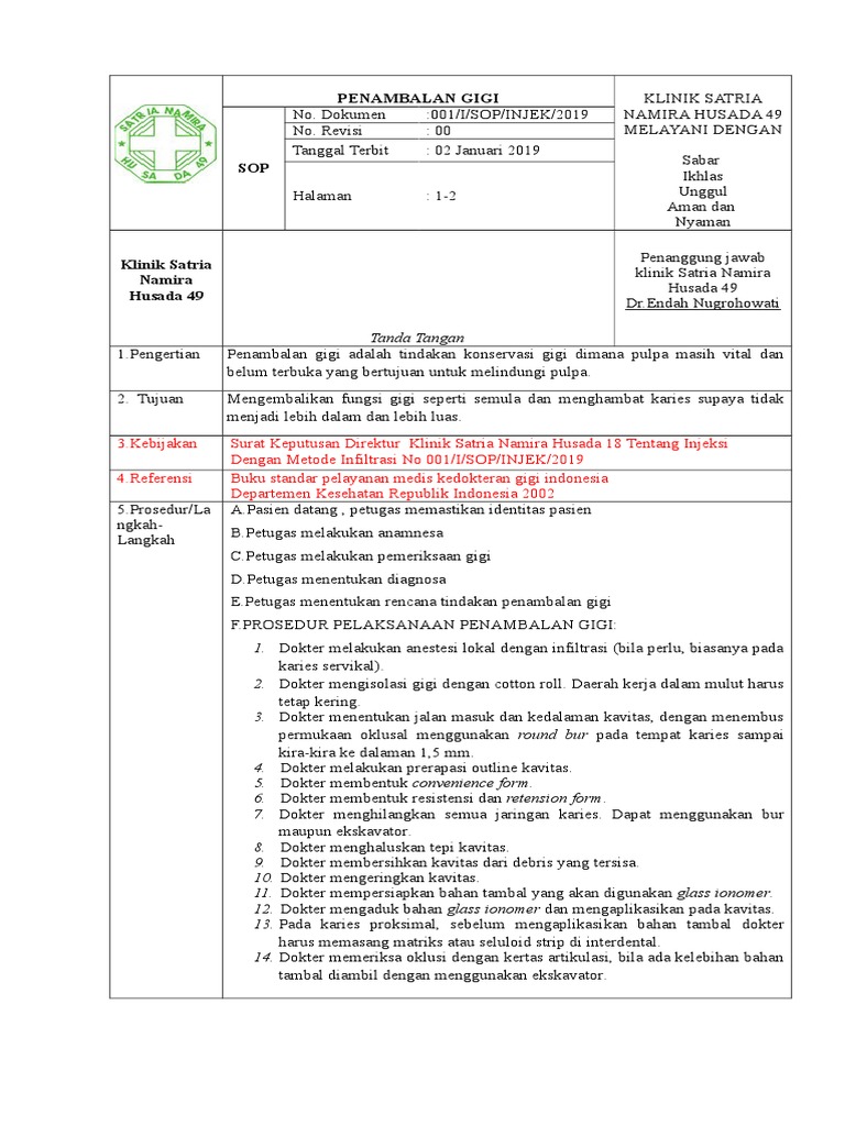 Sop Penambalan Gigi Namira Buduran | PDF