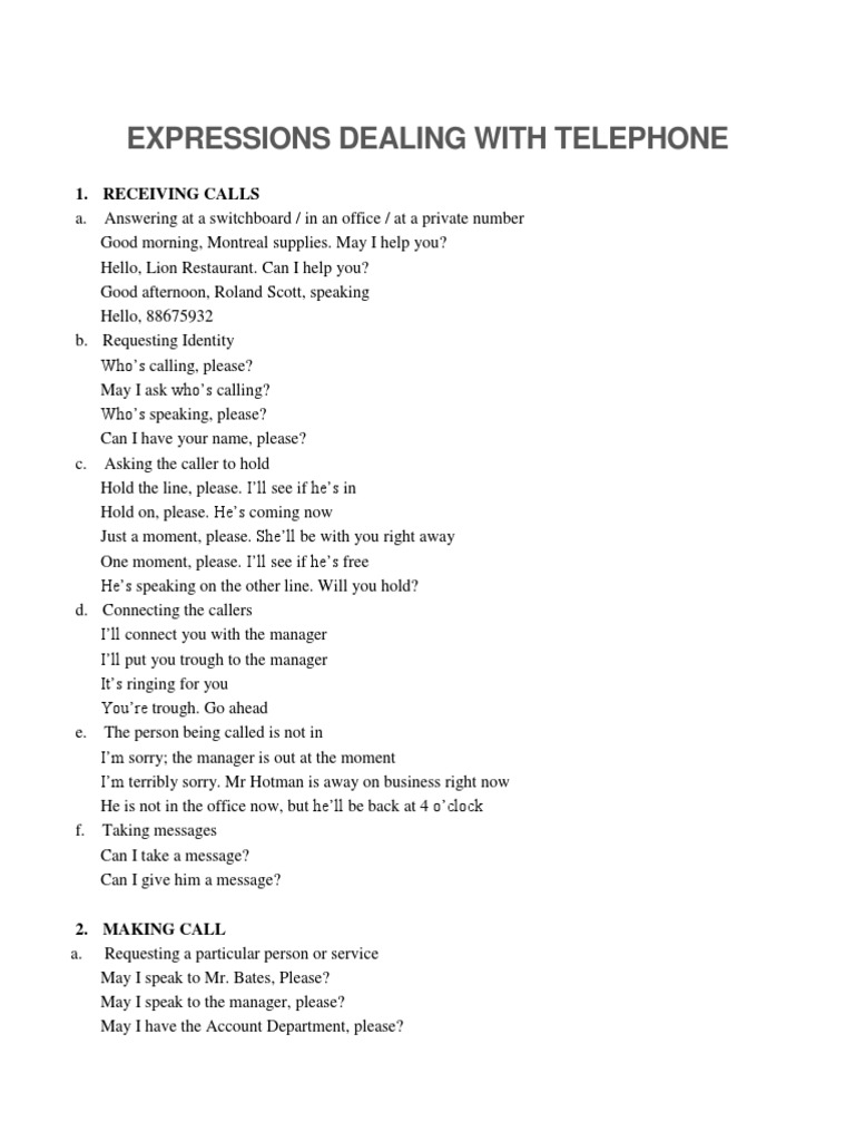 Expressions Dealing With Telephone | PDF | Telephone Call | Oral ...