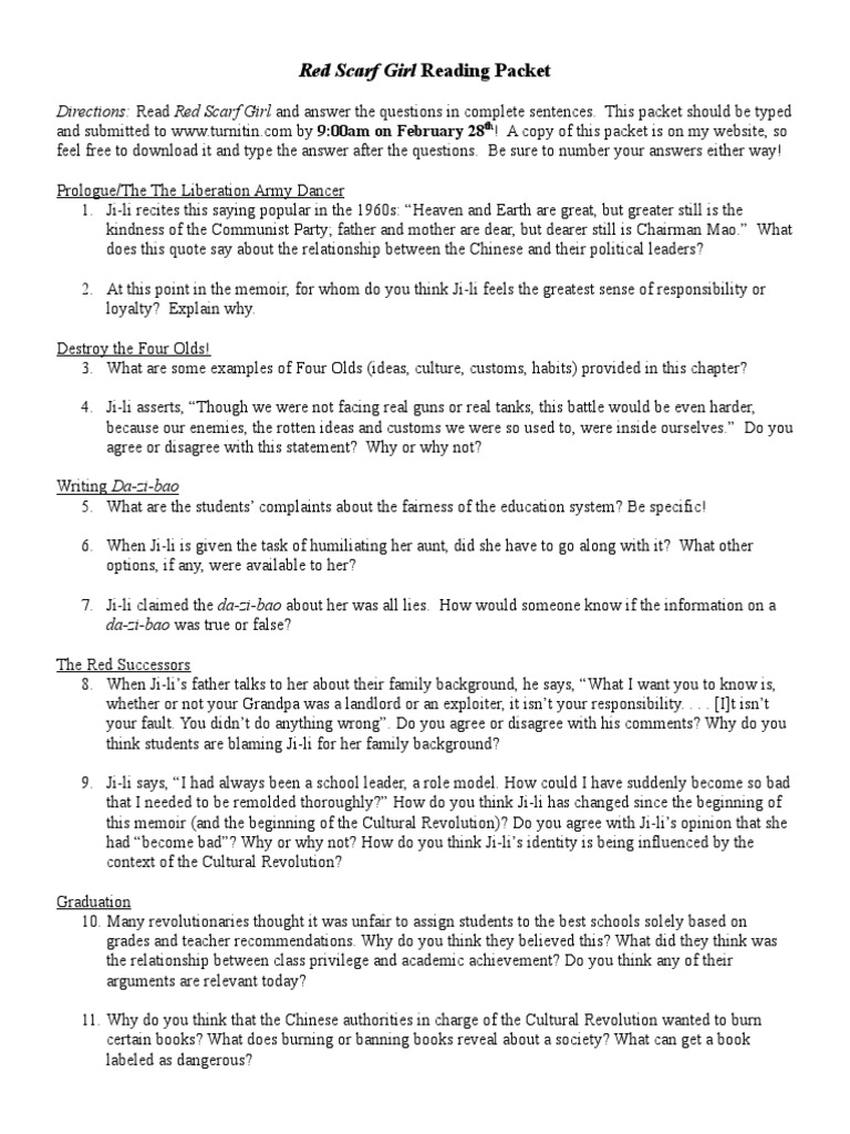 Red Scarf Girl Reading Packet Guide | PDF | Cultural Revolution | Mao ...