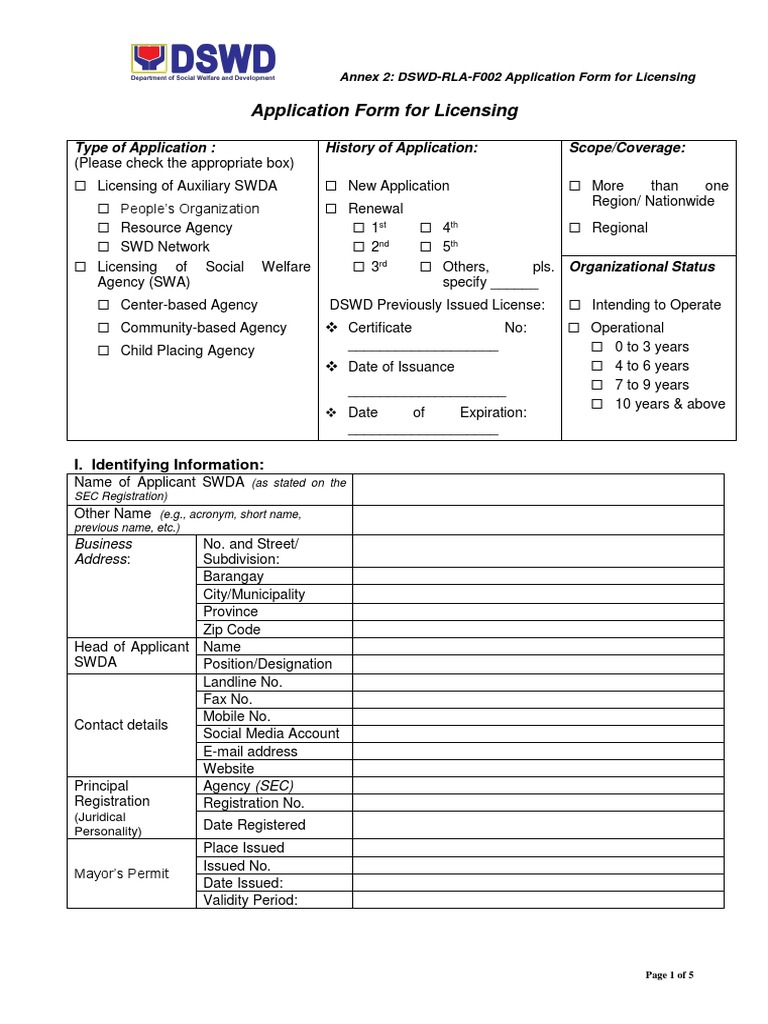 Annex 2. DSWD-RLA-F002 Application Form Licensing (041719) | PDF | Identity Document | Government
