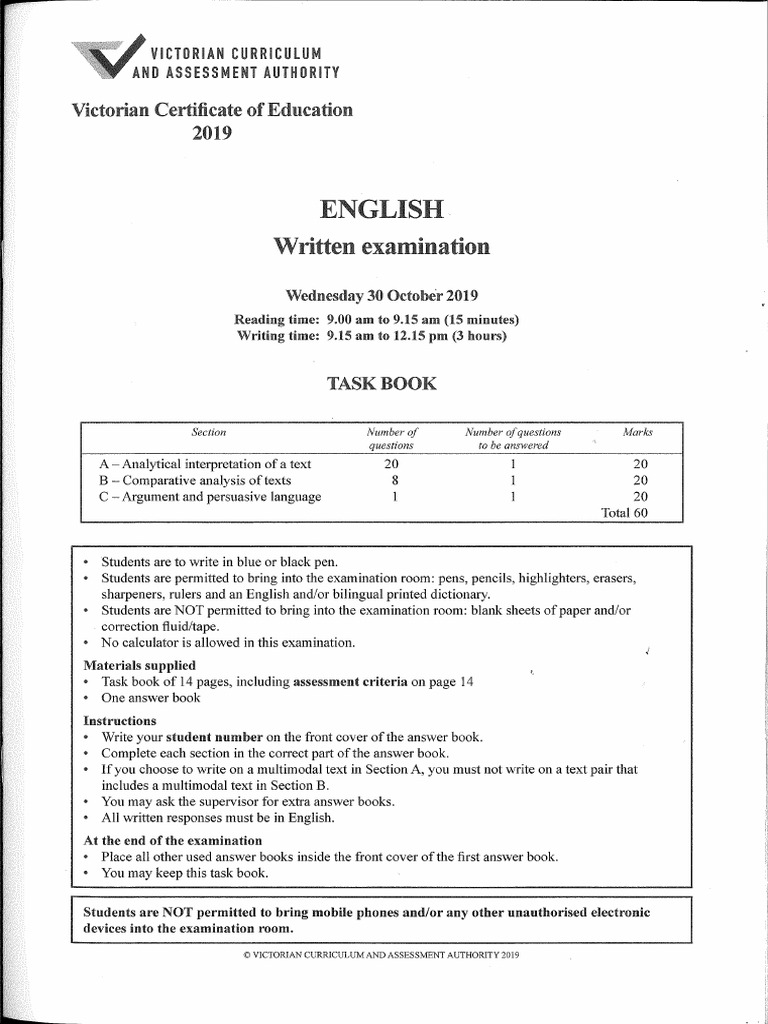 2019 English Exam VCAA | PDF