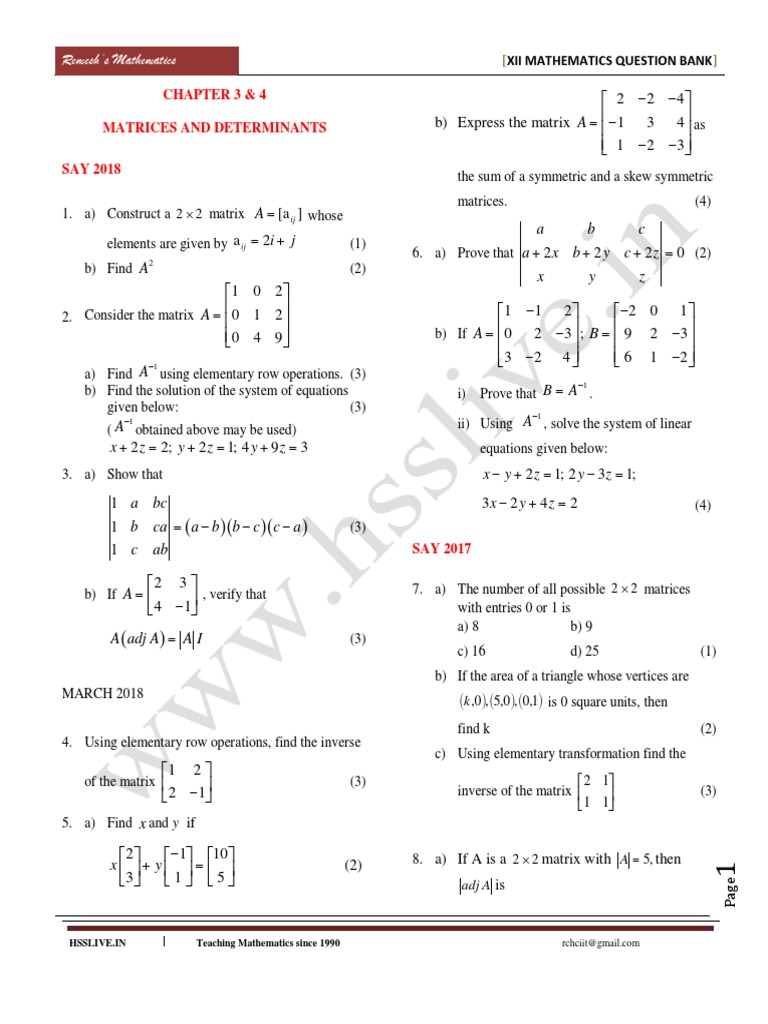 Hsslive Xii Maths 3 4. Matrices and Determinants | PDF | Determinant ...