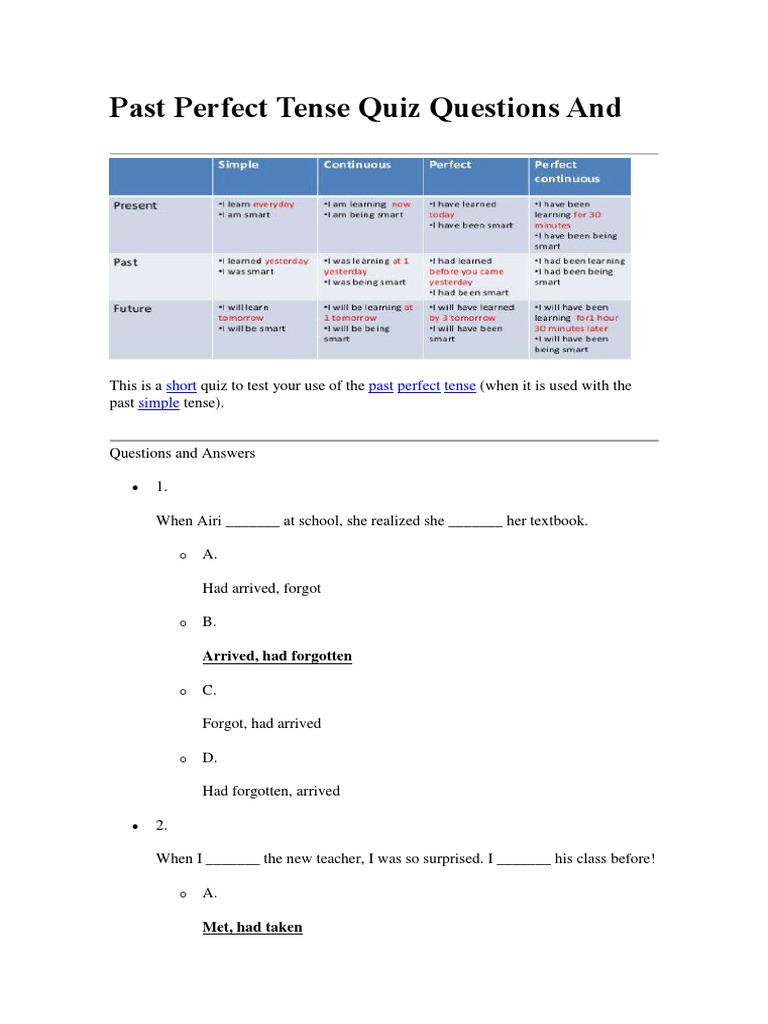Past Perfect Tense Quiz | PDF | Linguistics | Language Mechanics