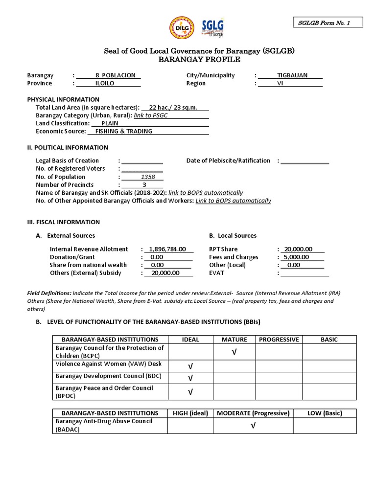 SGLGB Form 1 Barangay Profile | PDF | Tap Water | Drinking Water