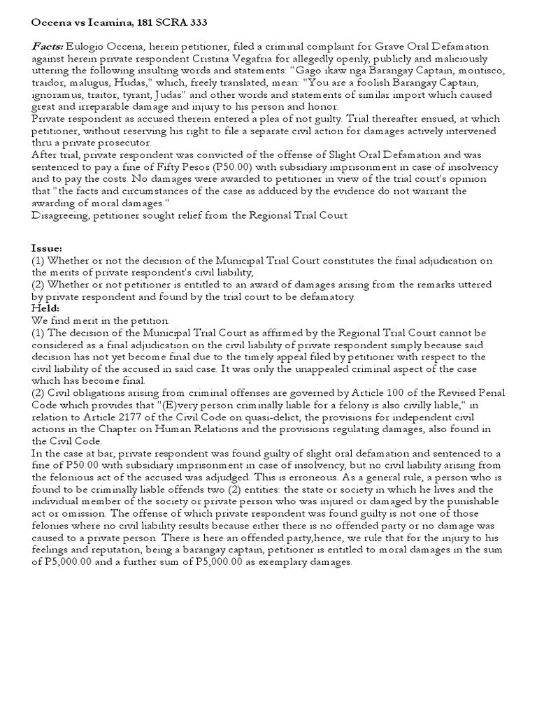 Facts:: Occena Vs Icamina, 181 SCRA 333 | PDF | Defamation | Crime ...