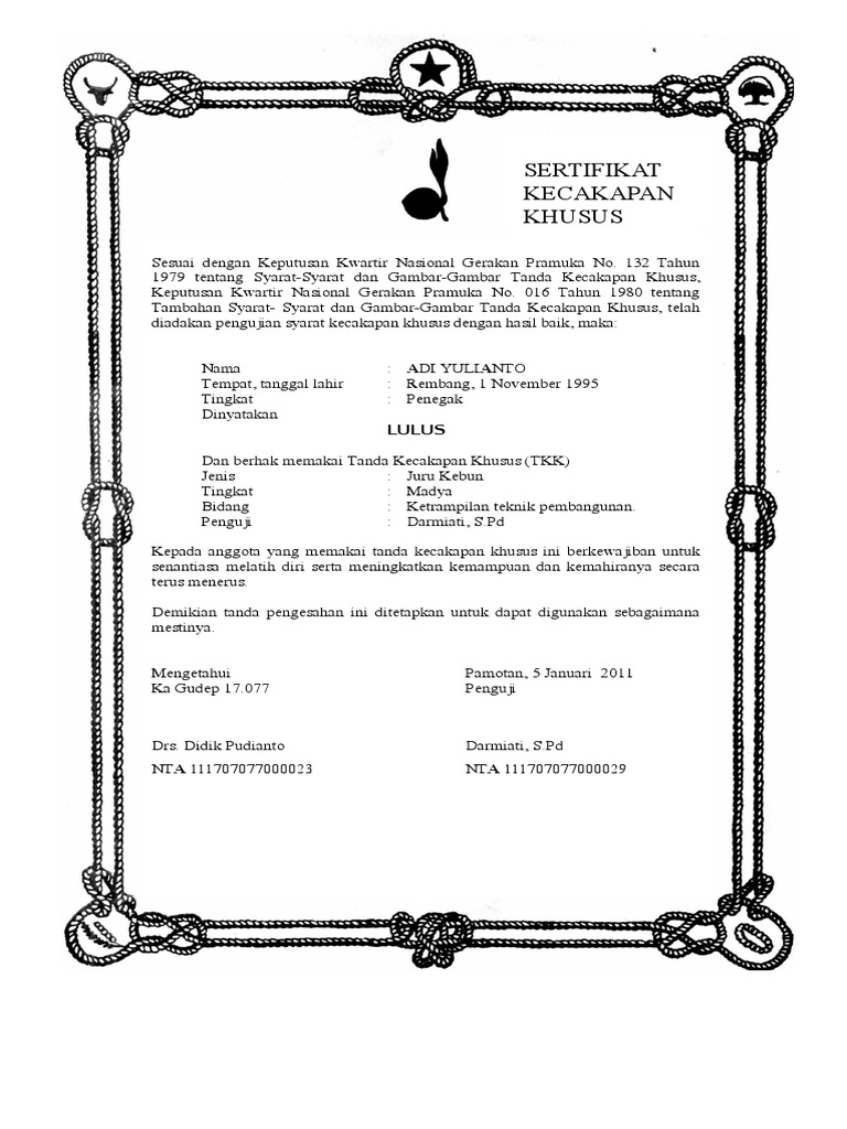 Sertifikat TKK Form Juru Kebun | PDF