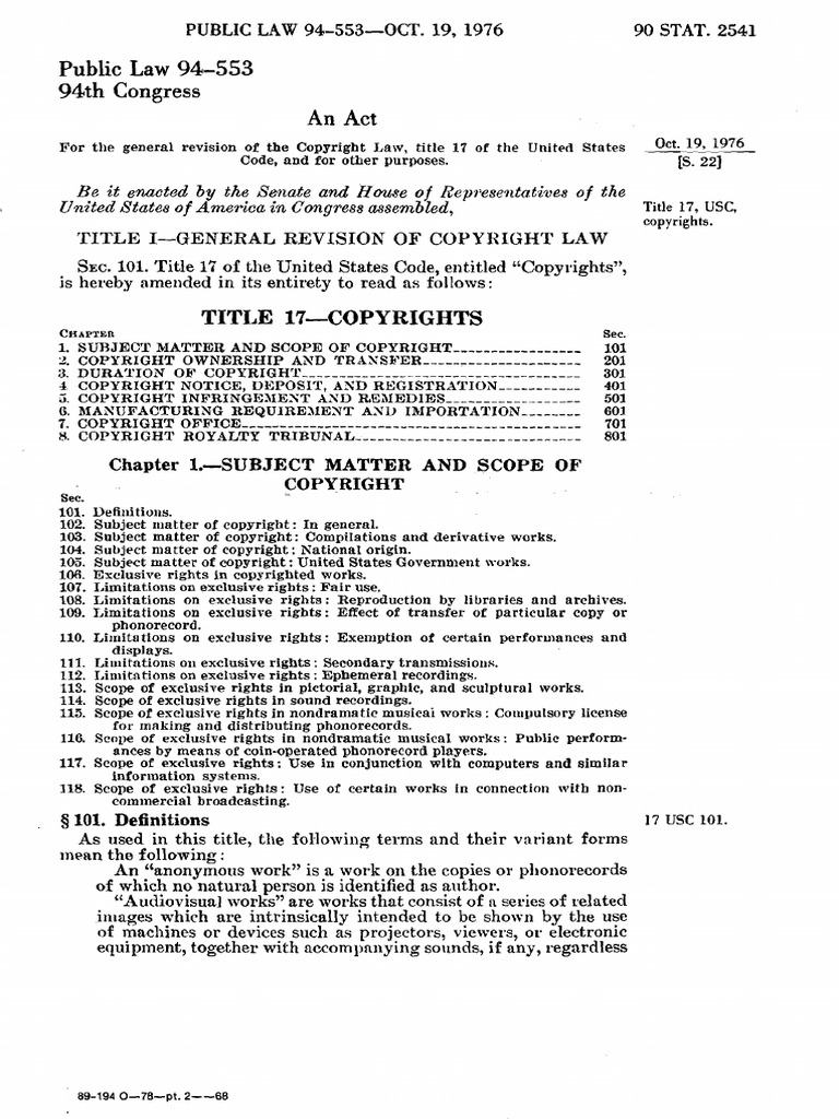 Public Law 94-553 94th Congress An Act: Title | PDF | Copyright ...