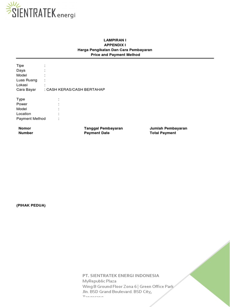 Lampiran I Appendix I Harga Pengikatan Dan Cara Pembayaran Price and ...