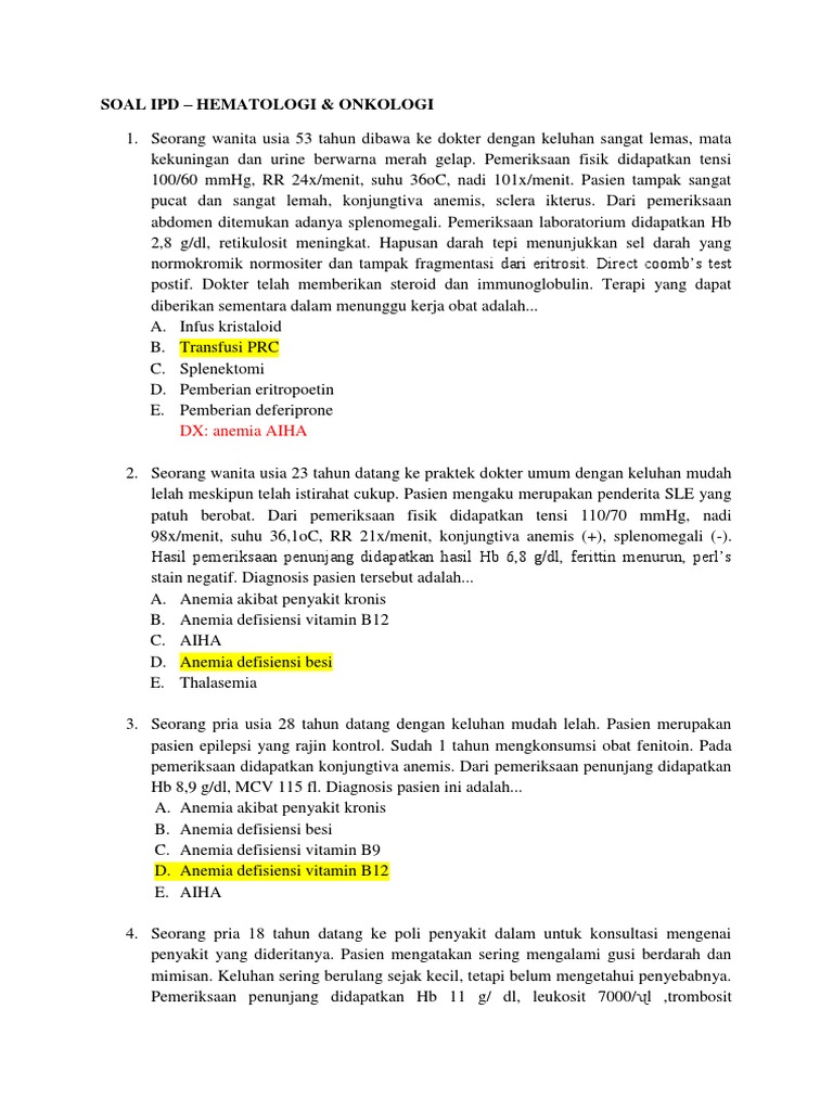 Soal Ipd - Hematologi & Onkologi: DX: Anemia AIHA | PDF