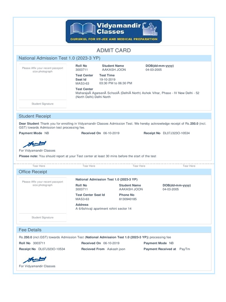 Admit Card: National Admission Test 1.0 (2023-3 YP) | PDF