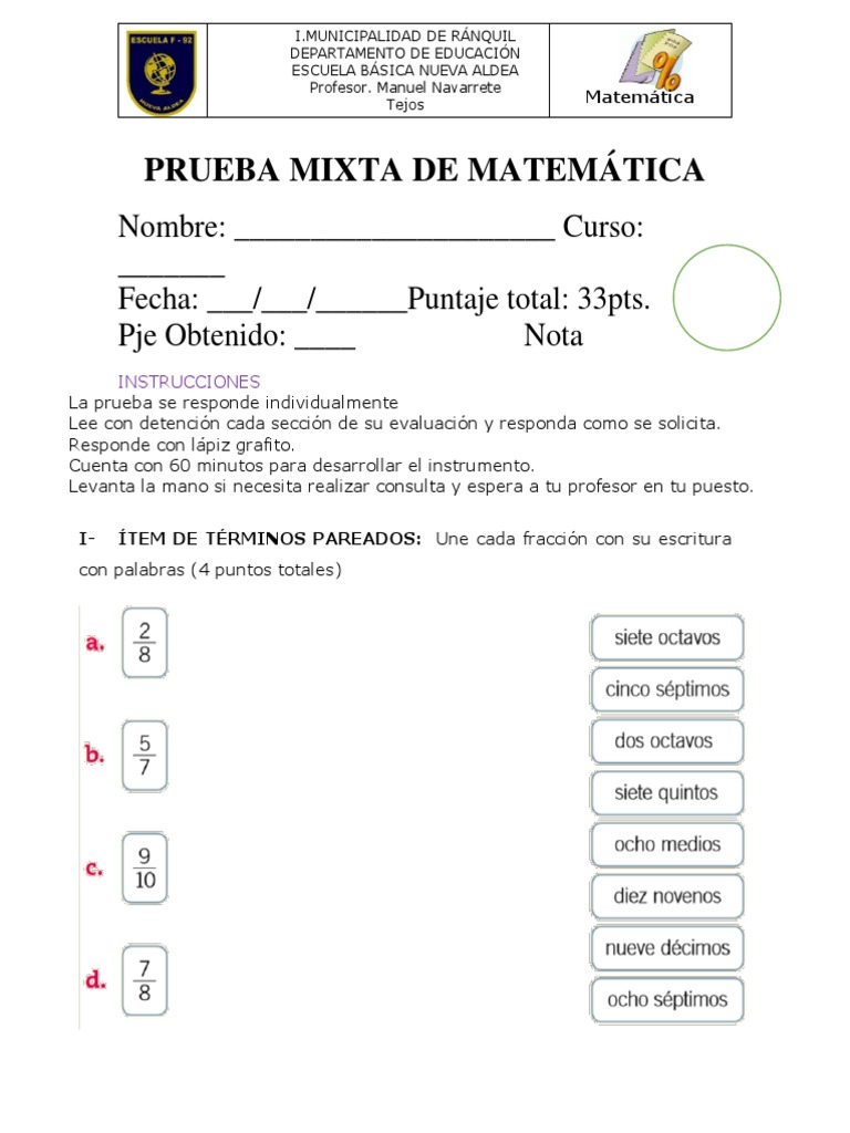 Prueba de Matematica Fracciones | PDF