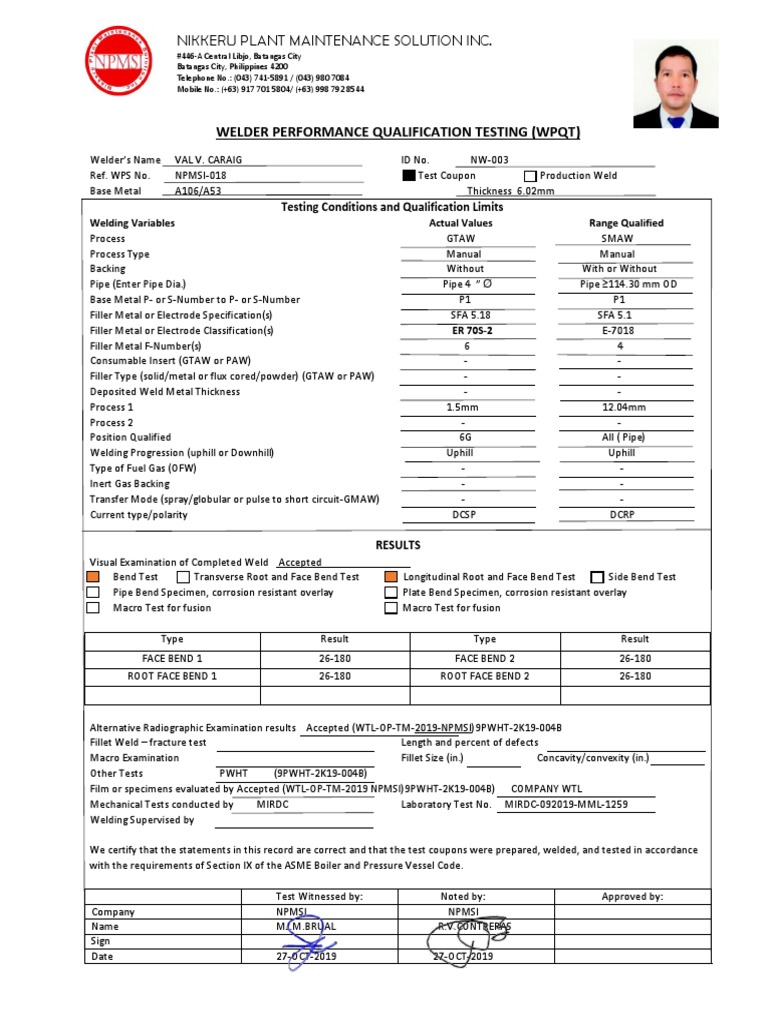 Val Caraig WPQT | PDF | Welding | Construction
