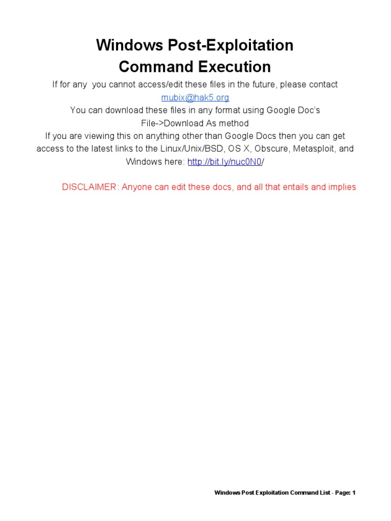 Windows Post Exploitation Command List Download Free Pdf Windows Registry Computer File 9876