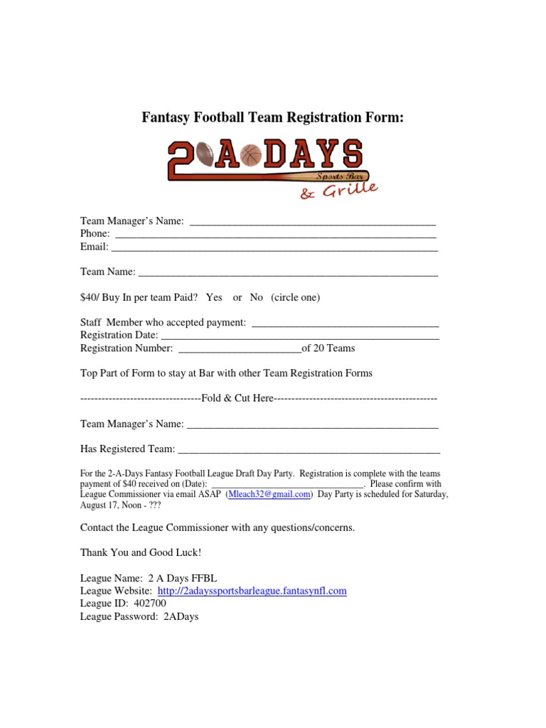 Fantasy Football Team Registration Form | PDF | Career & Growth