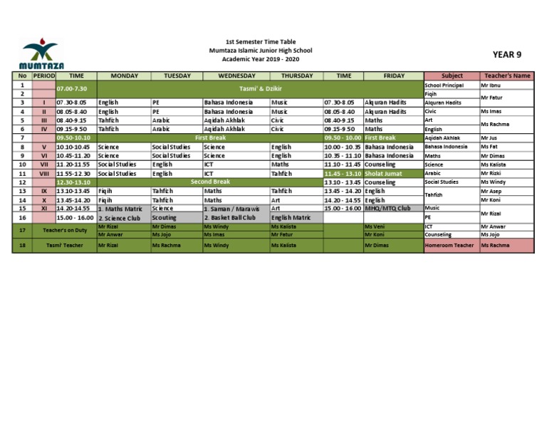 Year 9 Timetable | PDF