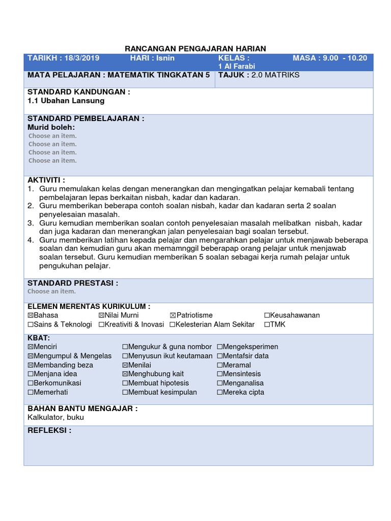 RPH KSSM Math Ting 5 Drop Down Pilihan 1 | PDF