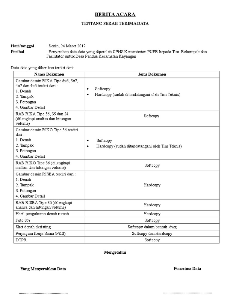 Contoh Berita Acara Serah Terima Data | PDF