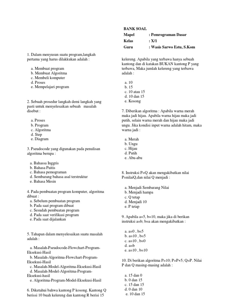 Bank Soal Pemrograman Dasar Kelas X | PDF