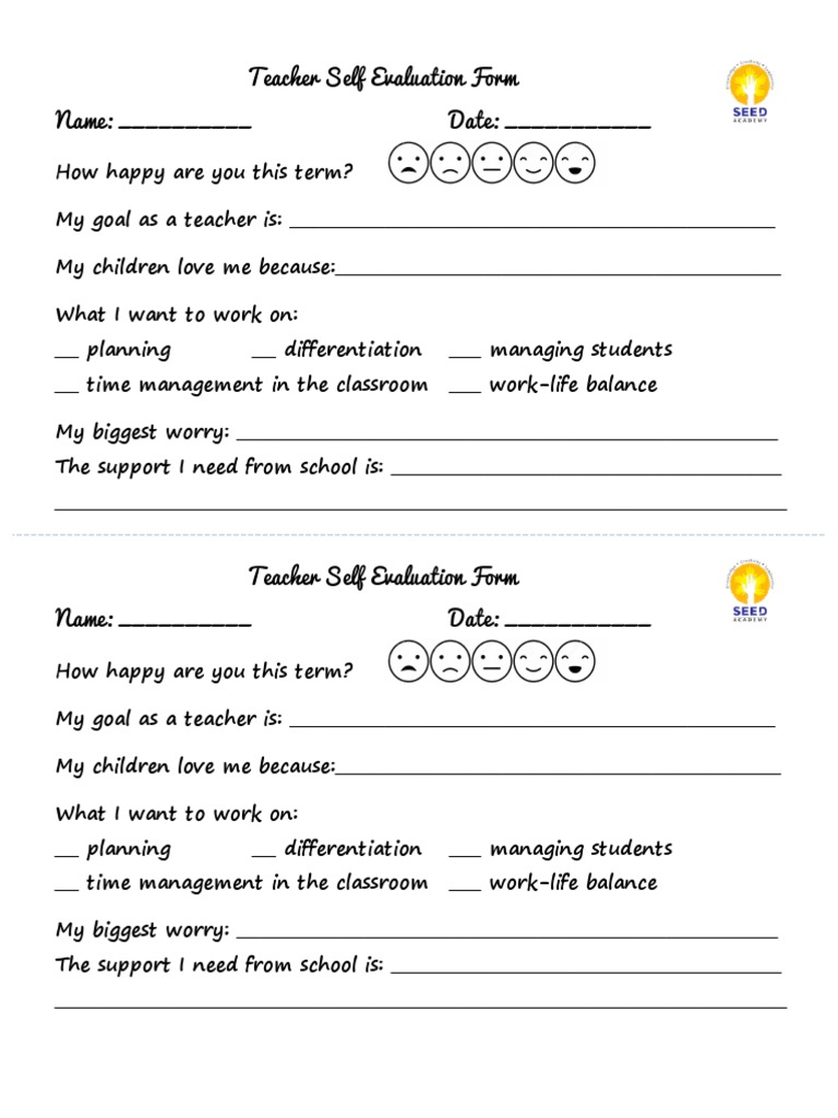 Teacher Self Evaluation Form