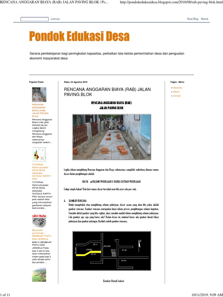 Rencana Anggaran Biaya (Rab) Jalan Paving Blok - Pondok Edukasi Desa | PDF