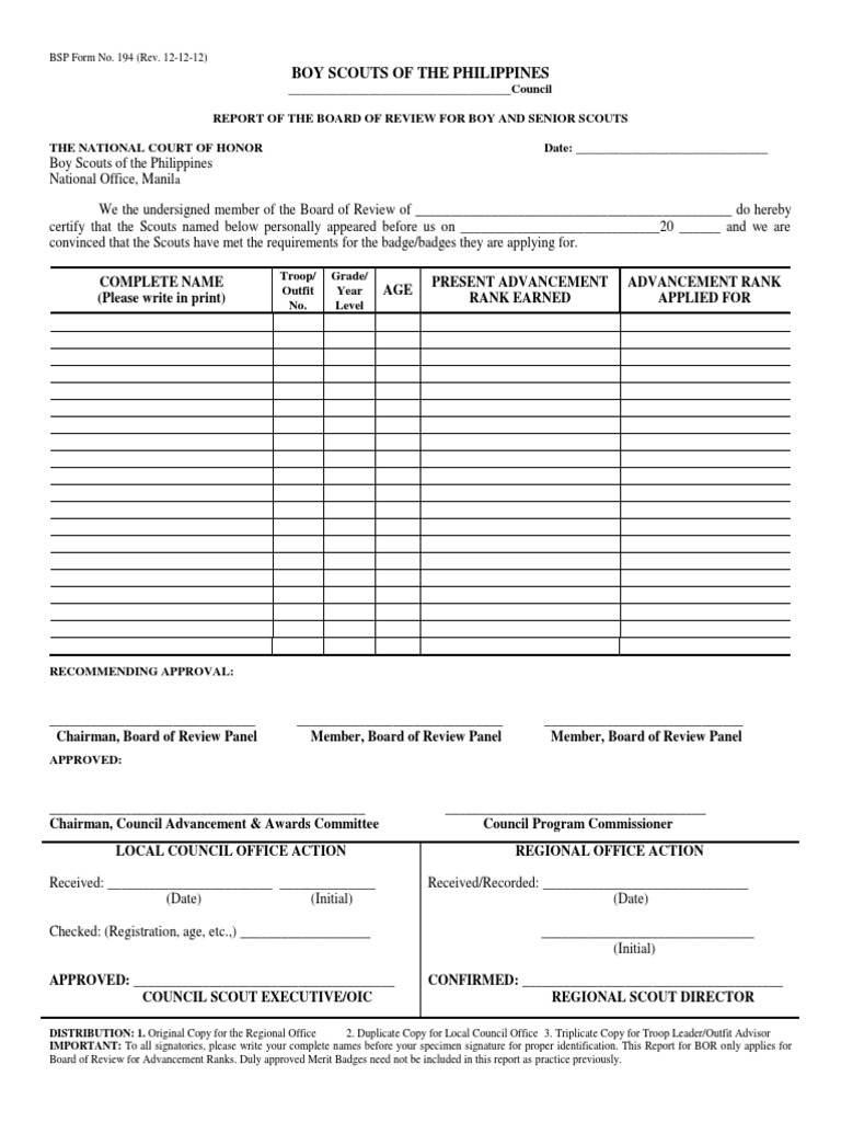 Revised BSP Form No 194 BOR Report For Boy Senior PDF | PDF | Scouting ...