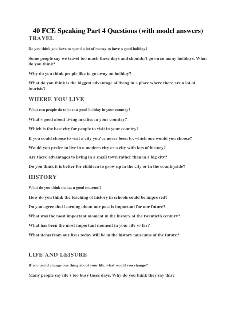 40 FCE Speaking Part 4 Questions (With Model Answers) : Travel | PDF ...