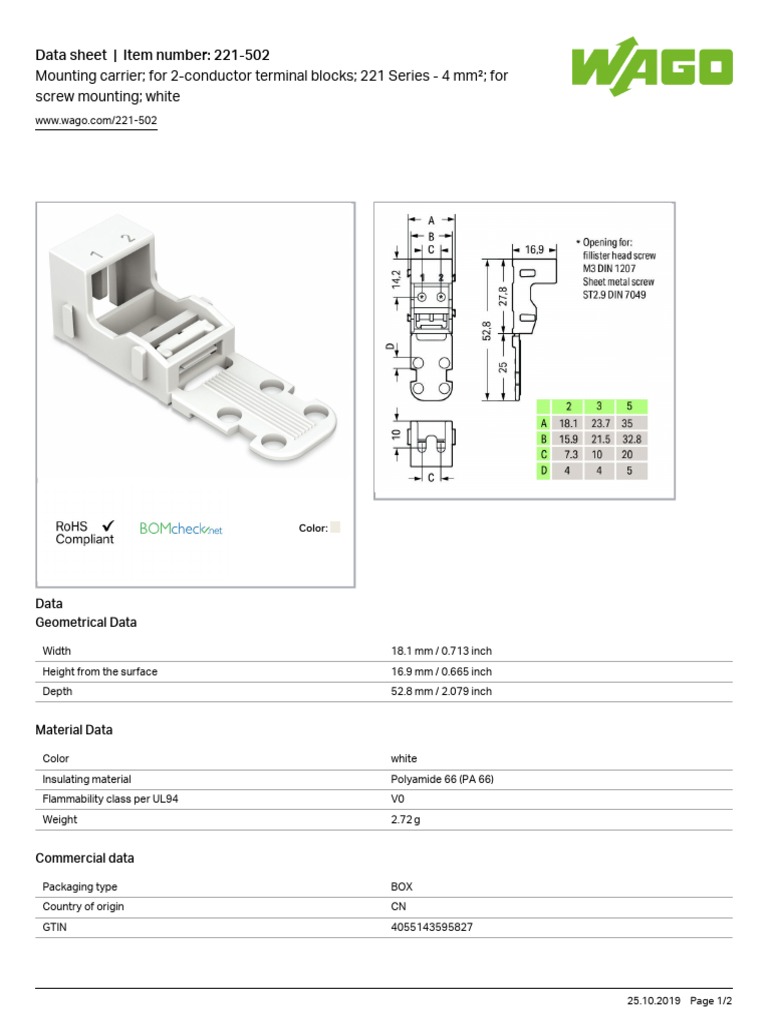 Data Sheet - Item Number: 221-502 Mounting Carrier For 2-Conductor ...