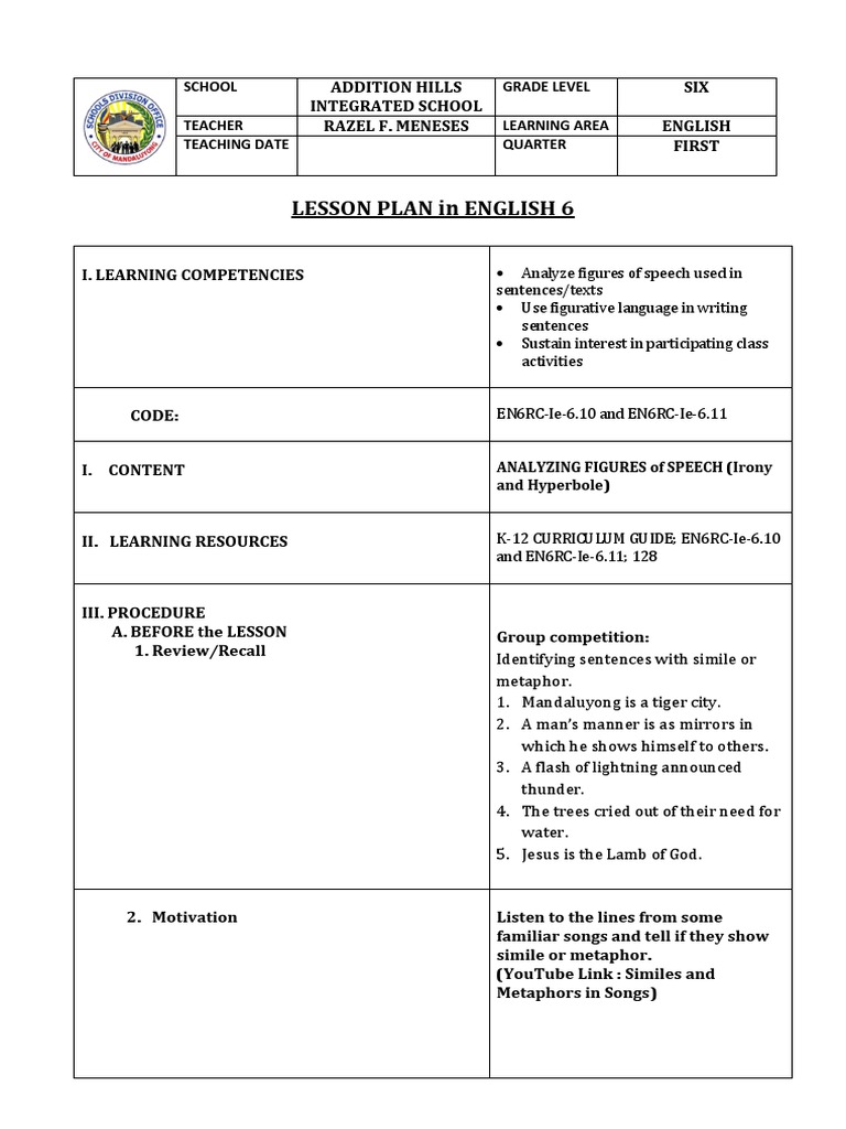 Grade 6 Figures of Speech Lesson Plan | PDF | Irony | Metaphor