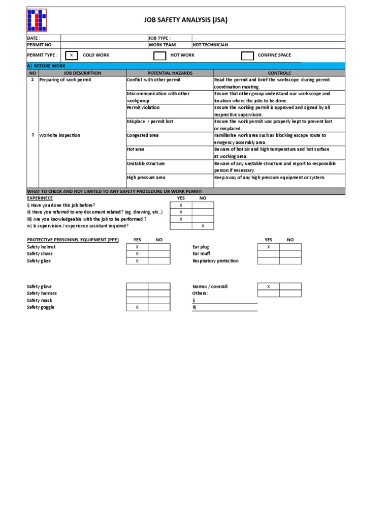 Job Safety Analysis (Jsa) | PDF | Personal Protective Equipment ...