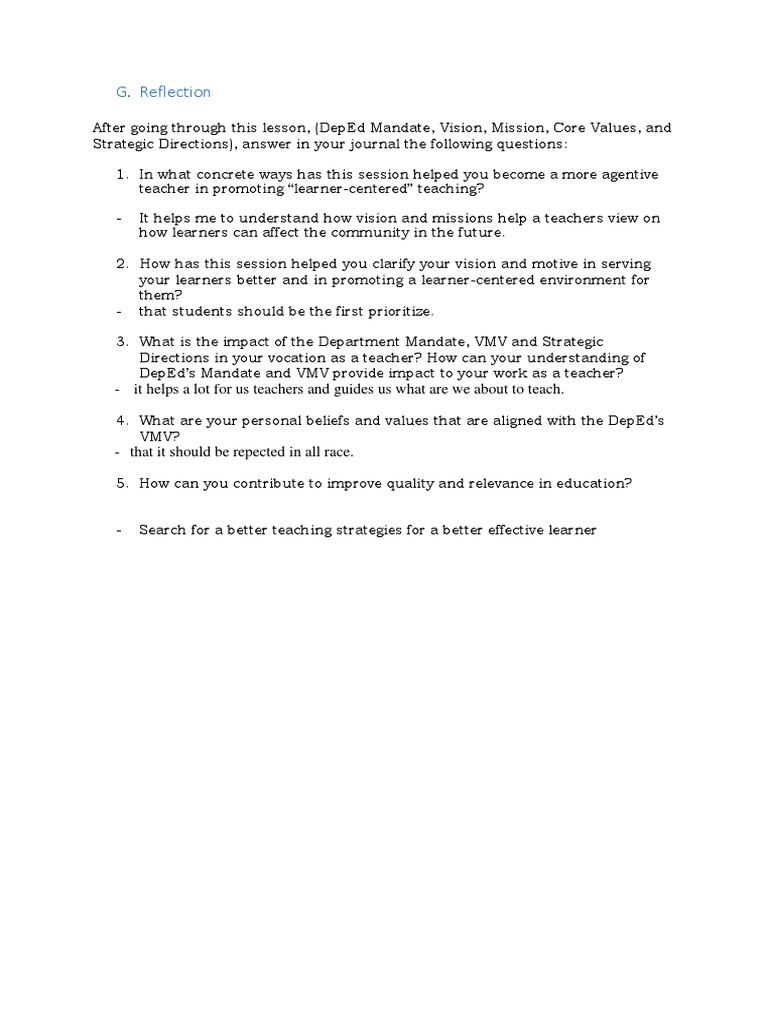 Reflection on DepEd Mandate and Vision | PDF