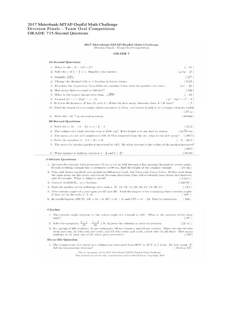 2017 Metrobank-Mtap-Deped Math Challenge Division Finals - Team Oral ...