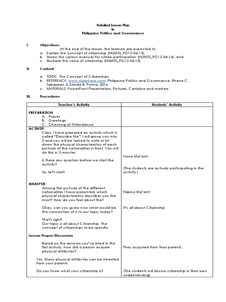 Detailed Lesson Plan in Philippine Politics and Governance | PDF ...