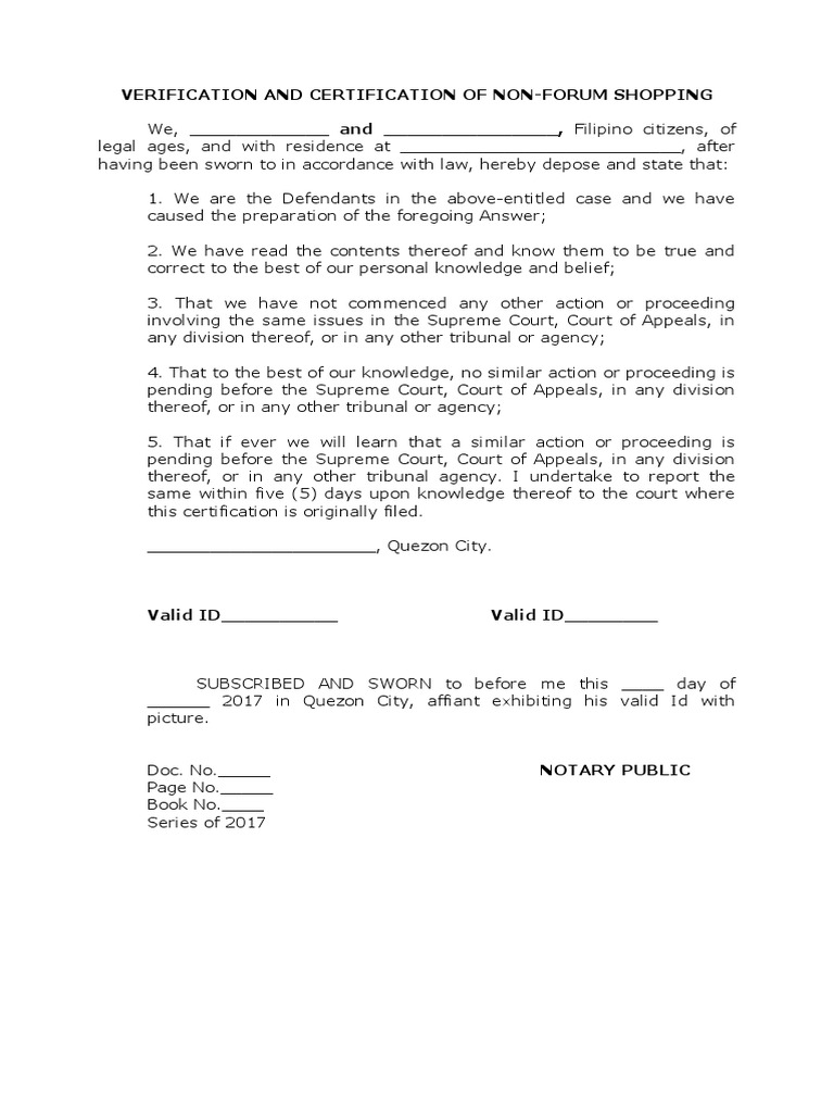 Verification and Certification of Non-Forum Shopping | PDF | Law