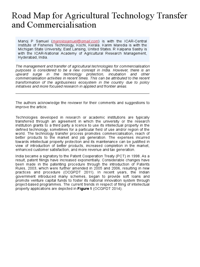 Road Map For Agricultural Technology Transfer and Commercialisation ...
