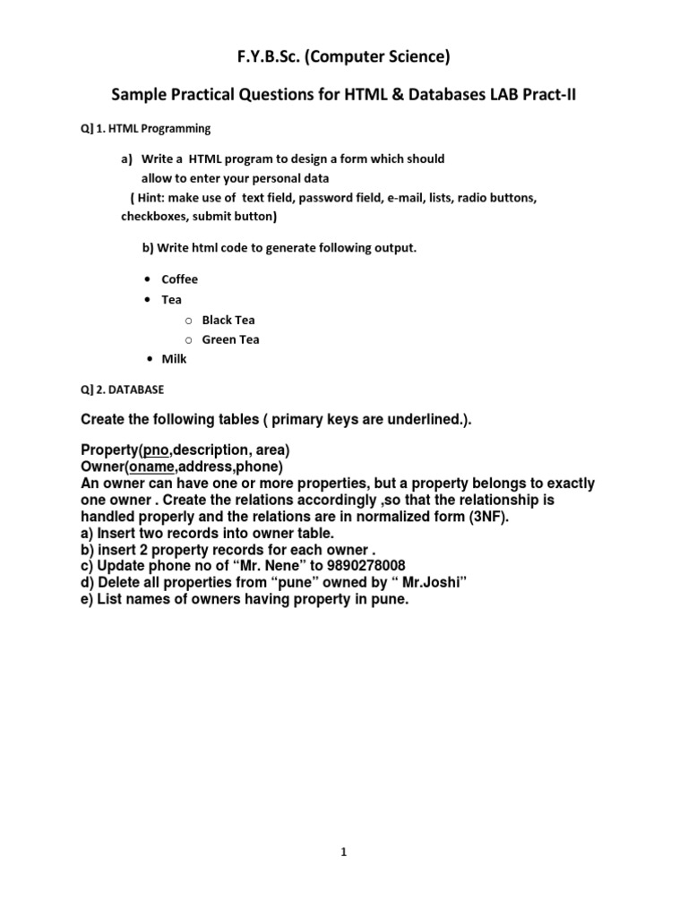 FYB - Sc. (FOFD) - PRACTICAL SLIPS | PDF | Databases | Html