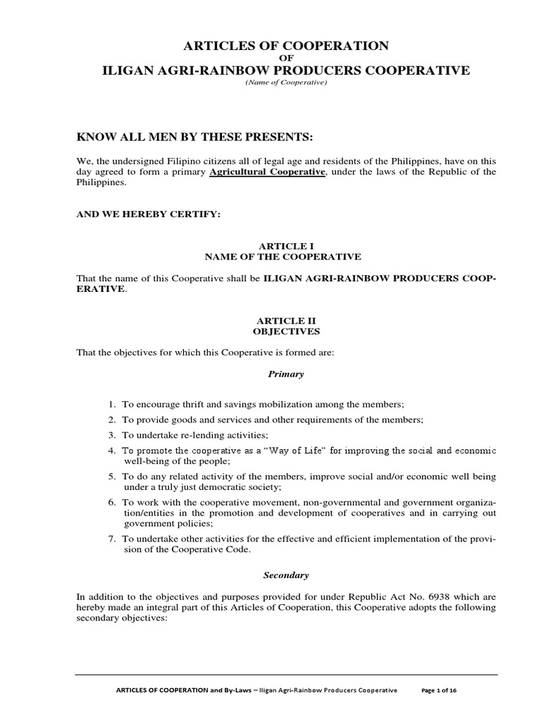 ARTICLES OF COOPERATION and BY LAWS Iligan Agri Rainbow Producers ...