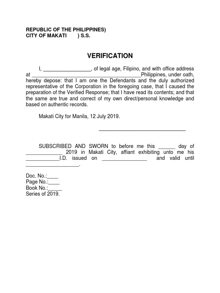 Verification: Republic of The Philippines) City of Makati) S.S | PDF