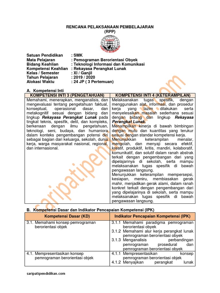 RPP Pemrograman Berorientasi Objek SMK | PDF | Komputer