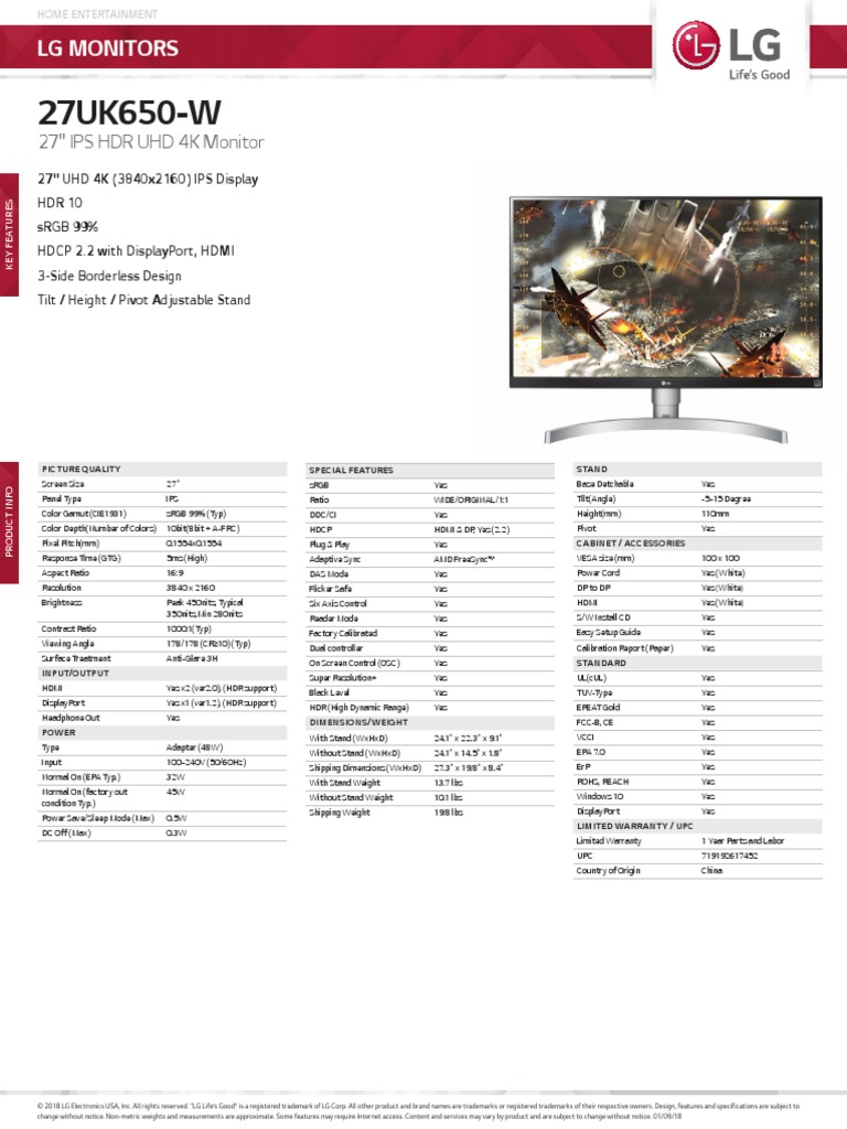 27UK650-W Spec Sheet PDF | PDF | Computer Monitor | Imaging