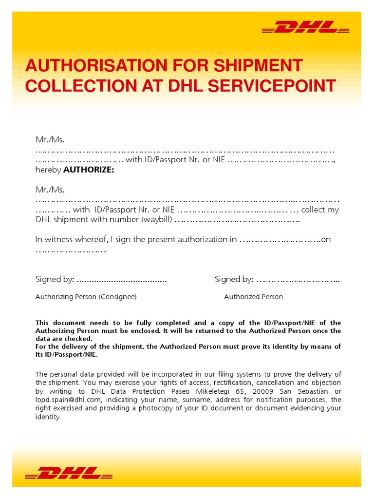 Authorisation For Shipment Collection at DHL Servicepoint | PDF