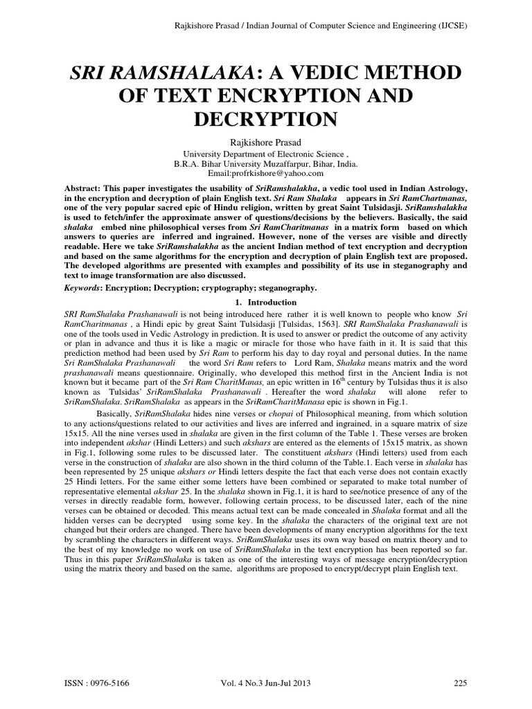 Sri Ramshalaka A Vedic Method of Text Encryption A PDF | PDF | Key ...