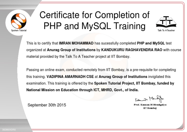 PHP and MYSQL Certificate | PDF