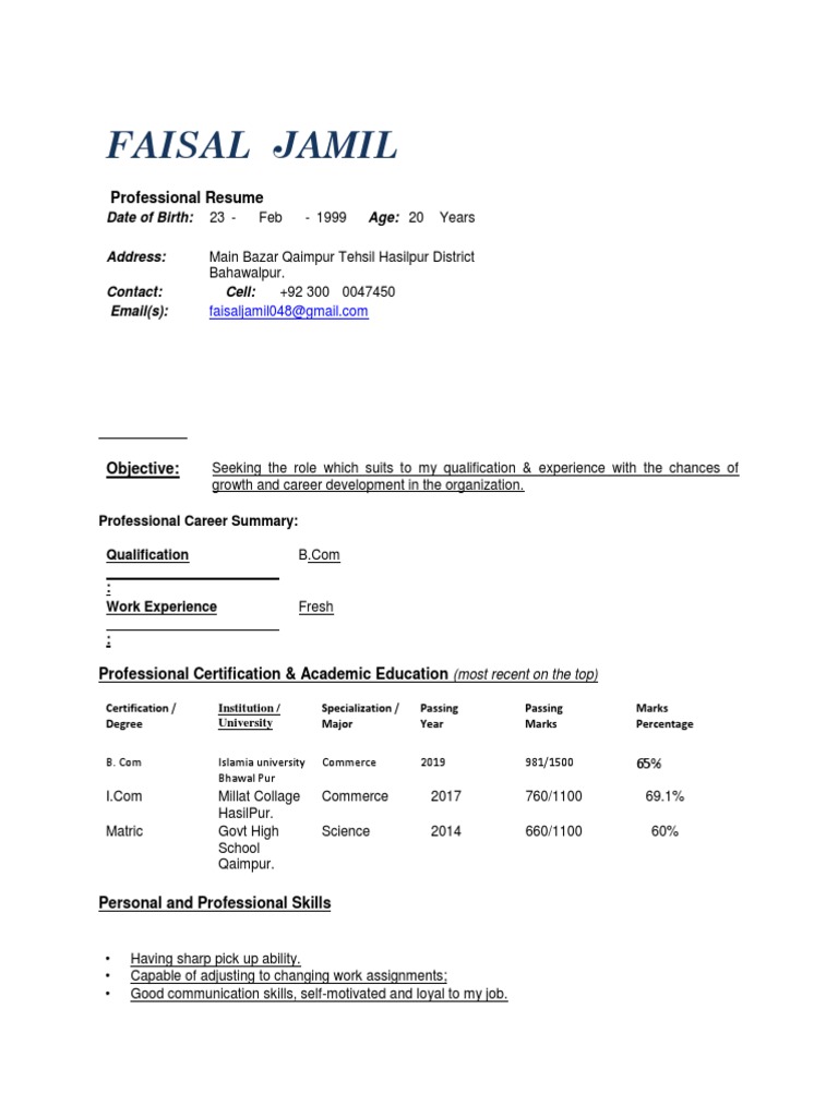 Faisal Jamil: Professional Resume | PDF | Cognition