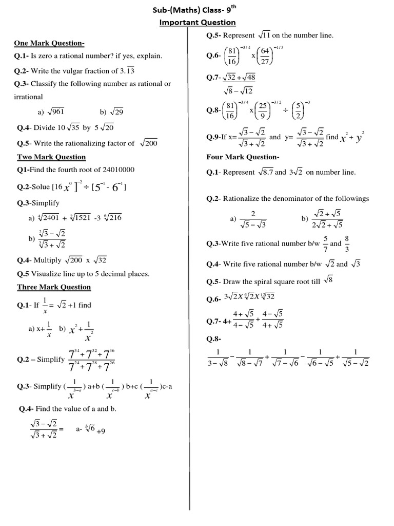 Maths Class 9th Important Questions on Number Line & Rationalization ...