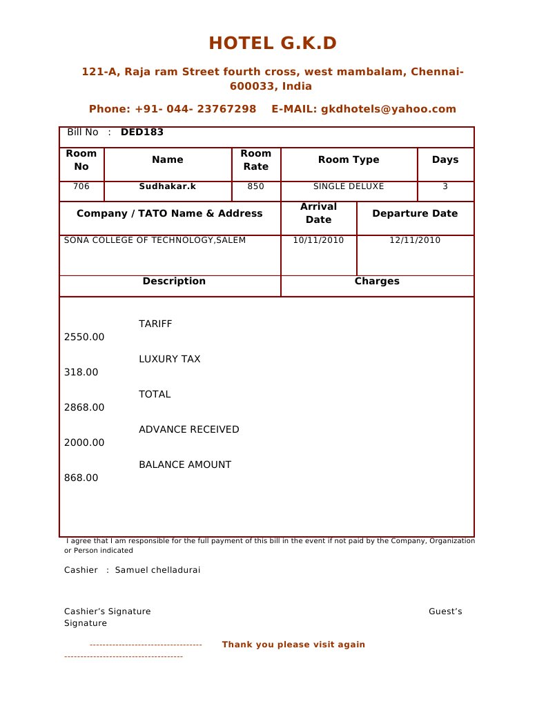 Chennai Hotel Bill