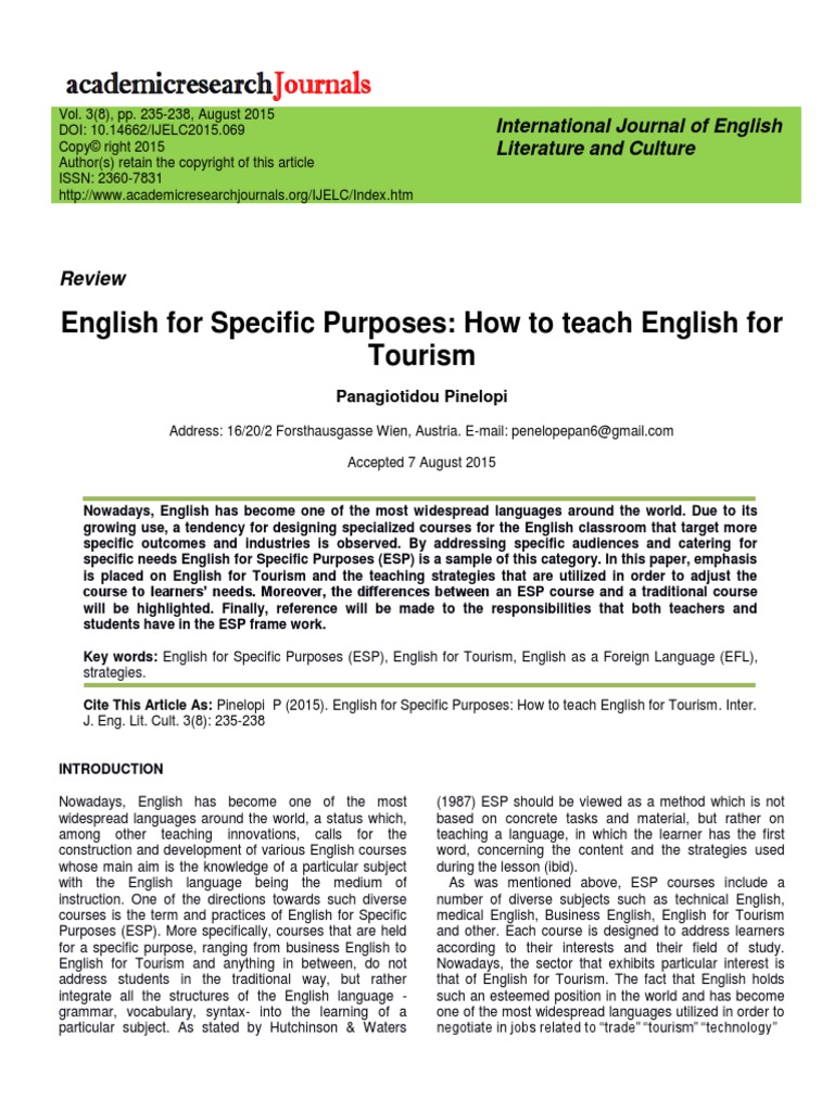 Esp Tourism | PDF | English As A Second Or Foreign Language | Foreign ...