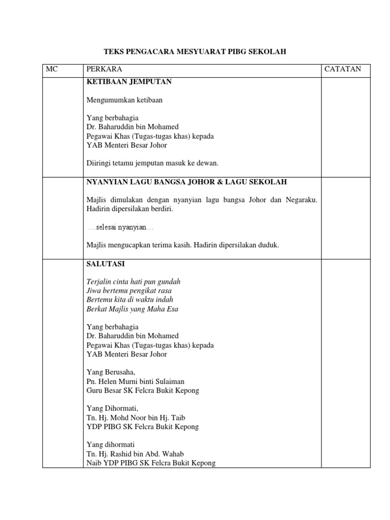 Teks MC Mesyuarat Agung Pibg | PDF