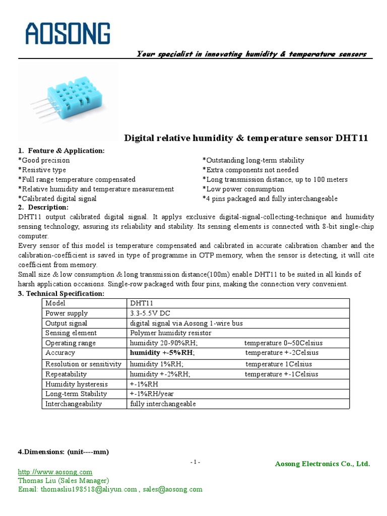 Digital Relative Humidity & Temperature Sensor DHT11 | PDF | Sensor ...