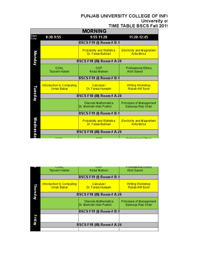 Time Table Fall 2019 - PUCIT New Campus | PDF | Computing | Digital ...